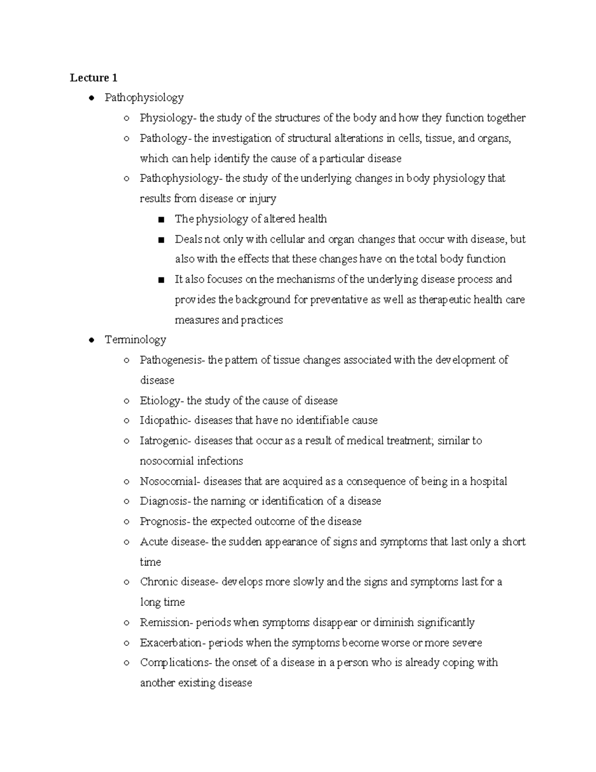 Pathophysiology Study Guide - Lecture 1 Pathophysiology Physiology- the ...