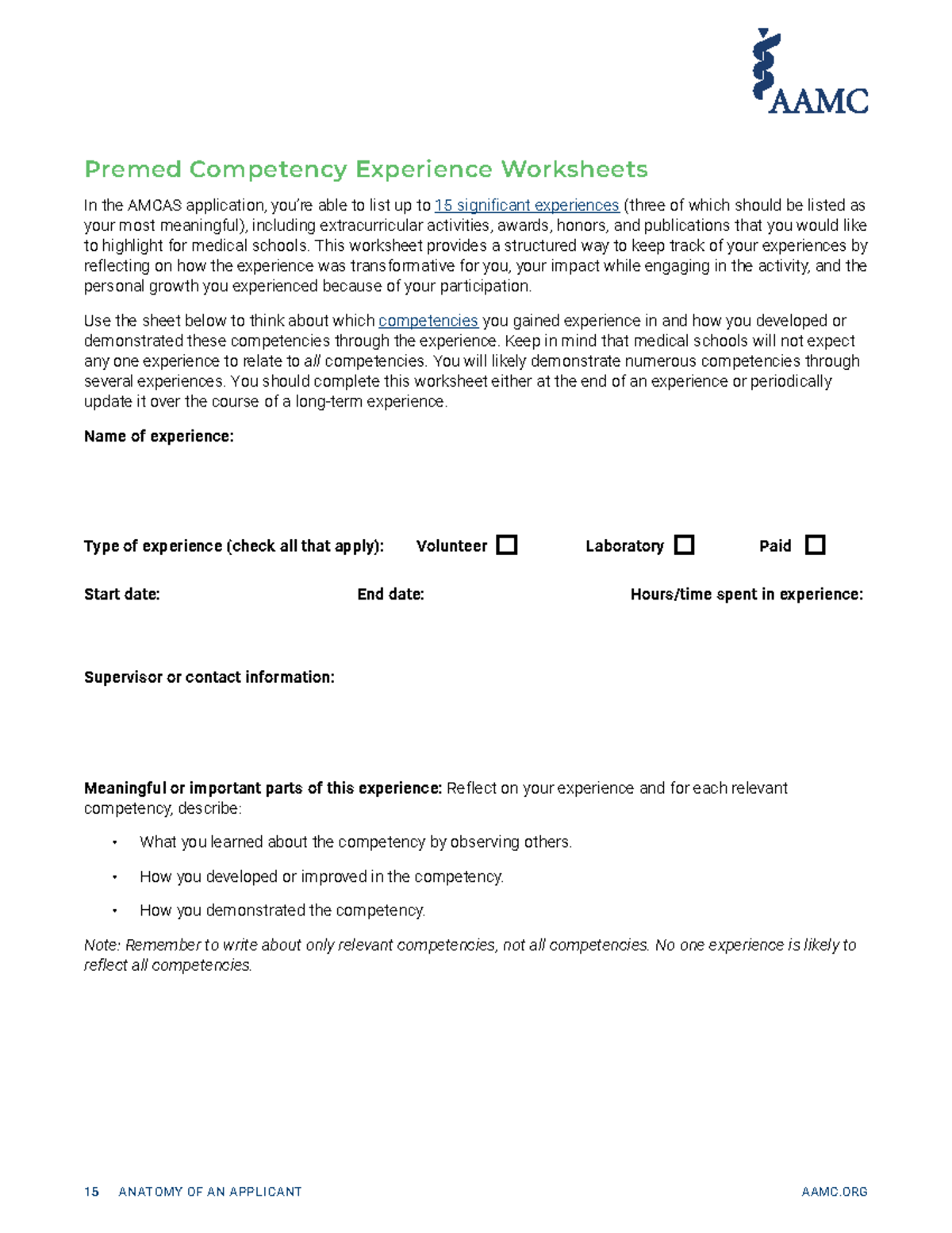 Premed competencies worksheet - Premed Competency Experience Worksheets ...