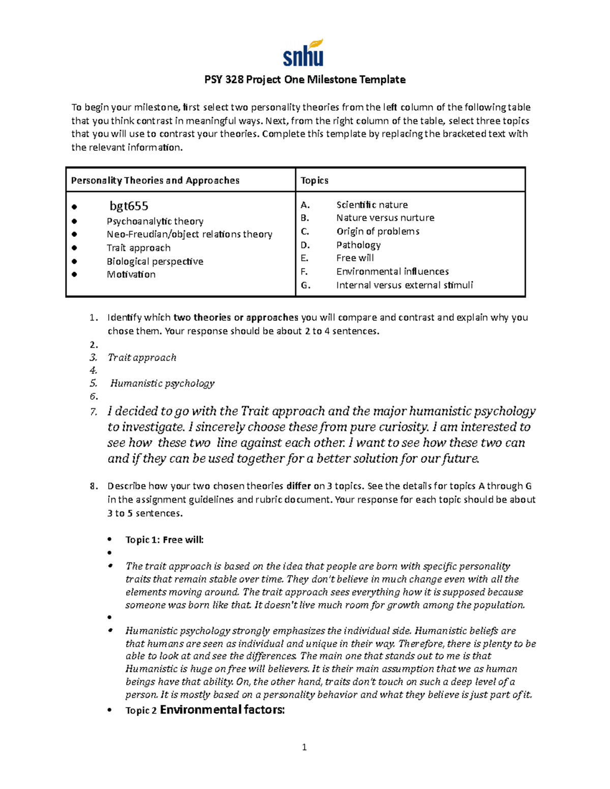 PSY 328 Project One Milestone Template - Next, from the right column of ...