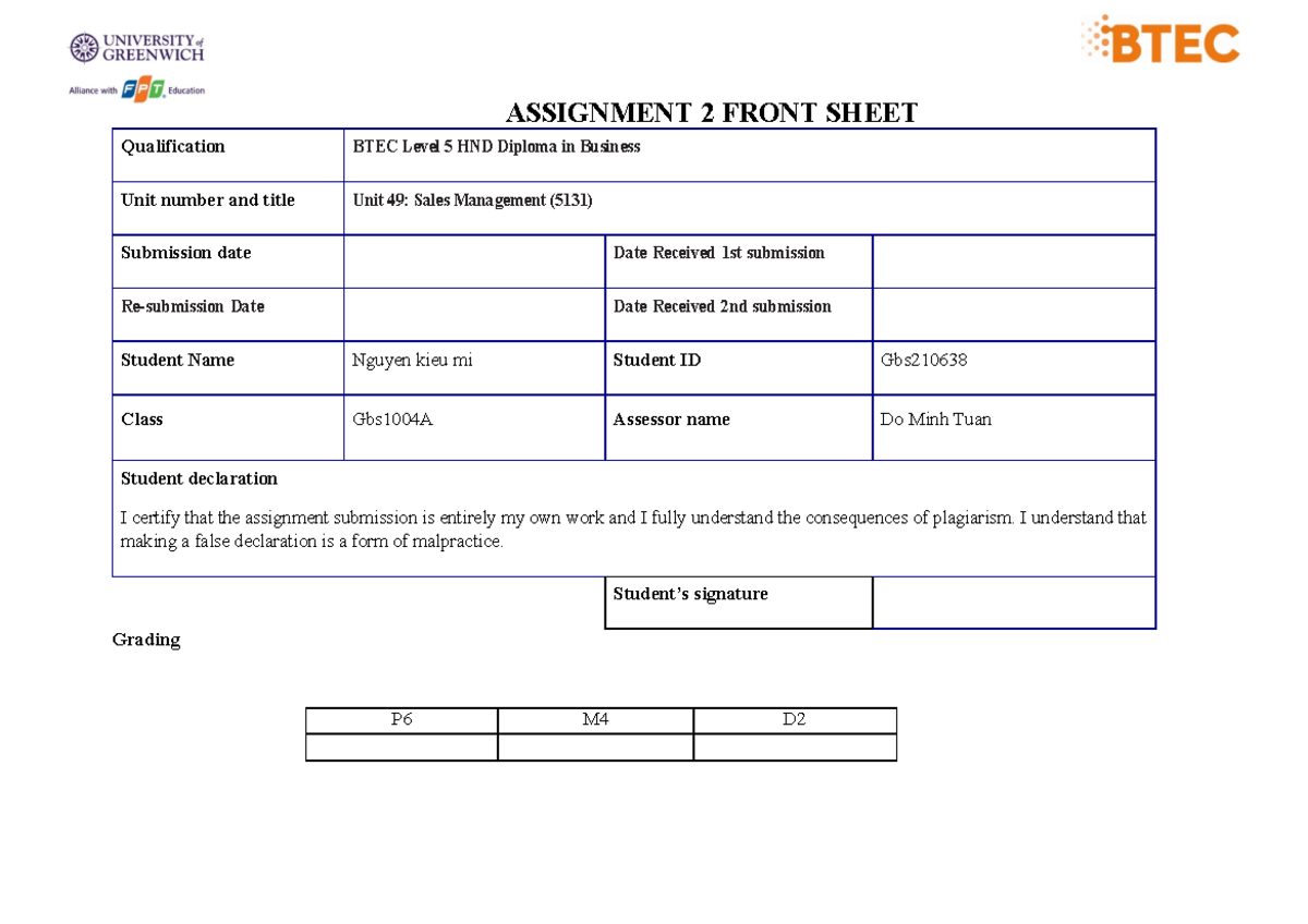 Sale managment as2 - klknn - ASSIGNMENT 2 FRONT SHEET Qualification ...