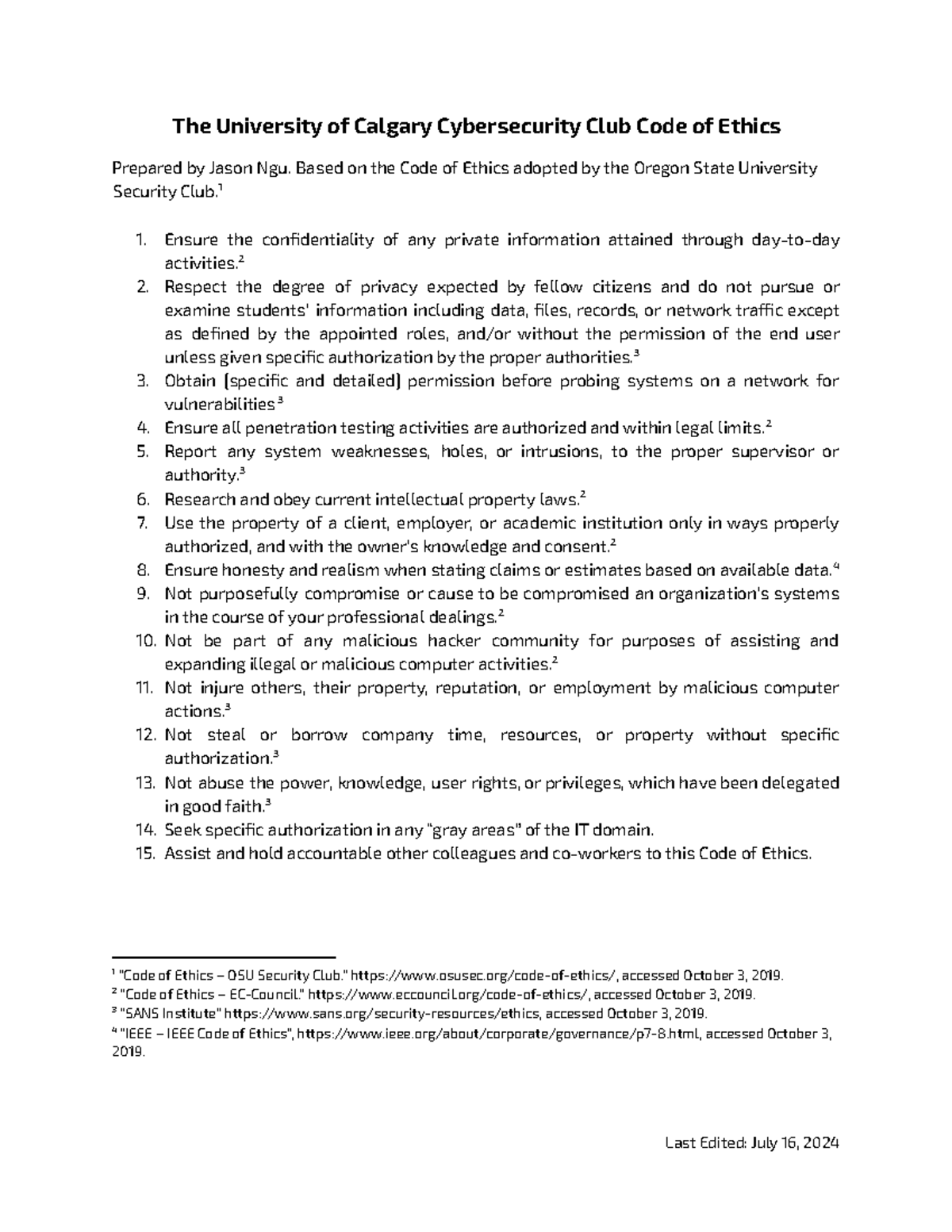 Cybersecurity Club Code of Ethics - The University of Calgary ...