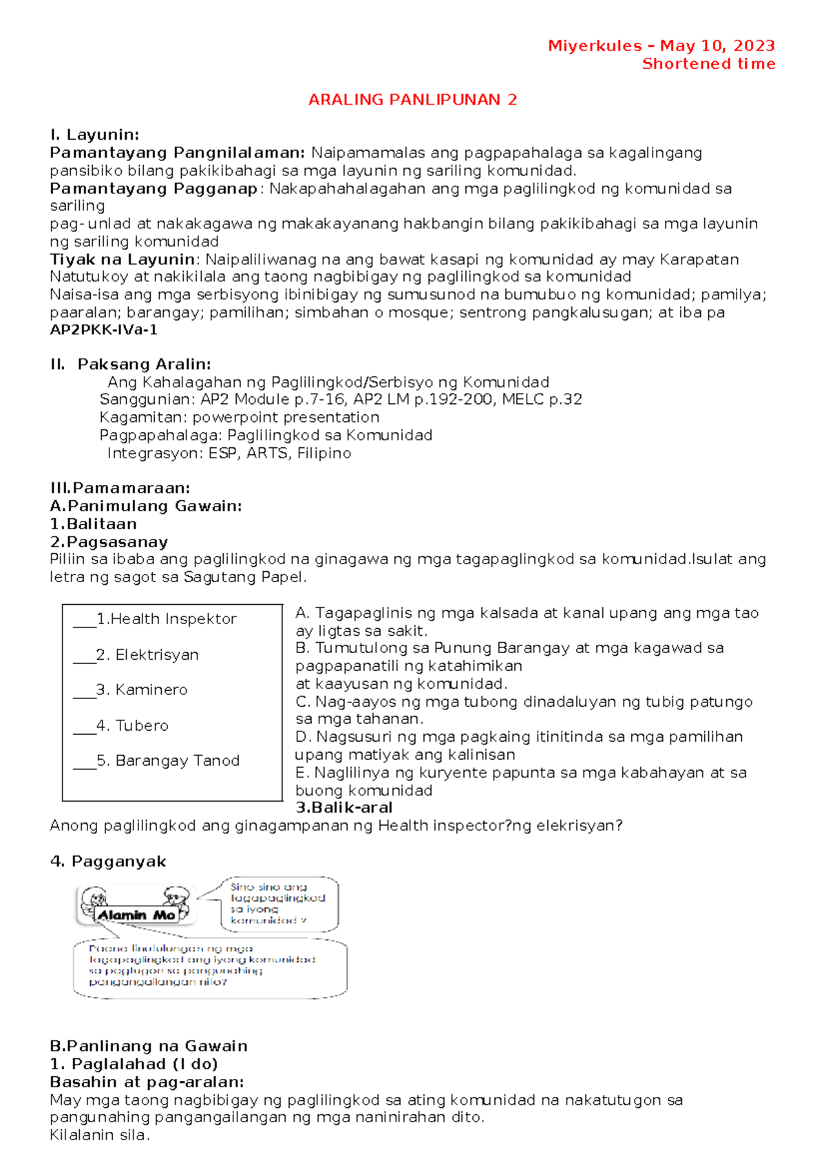 AP2 Q4 W2 day3 - lesson plan - Miyerkules – May 10, 2023 Shortened time ARALING PANLIPUNAN 2 I ...