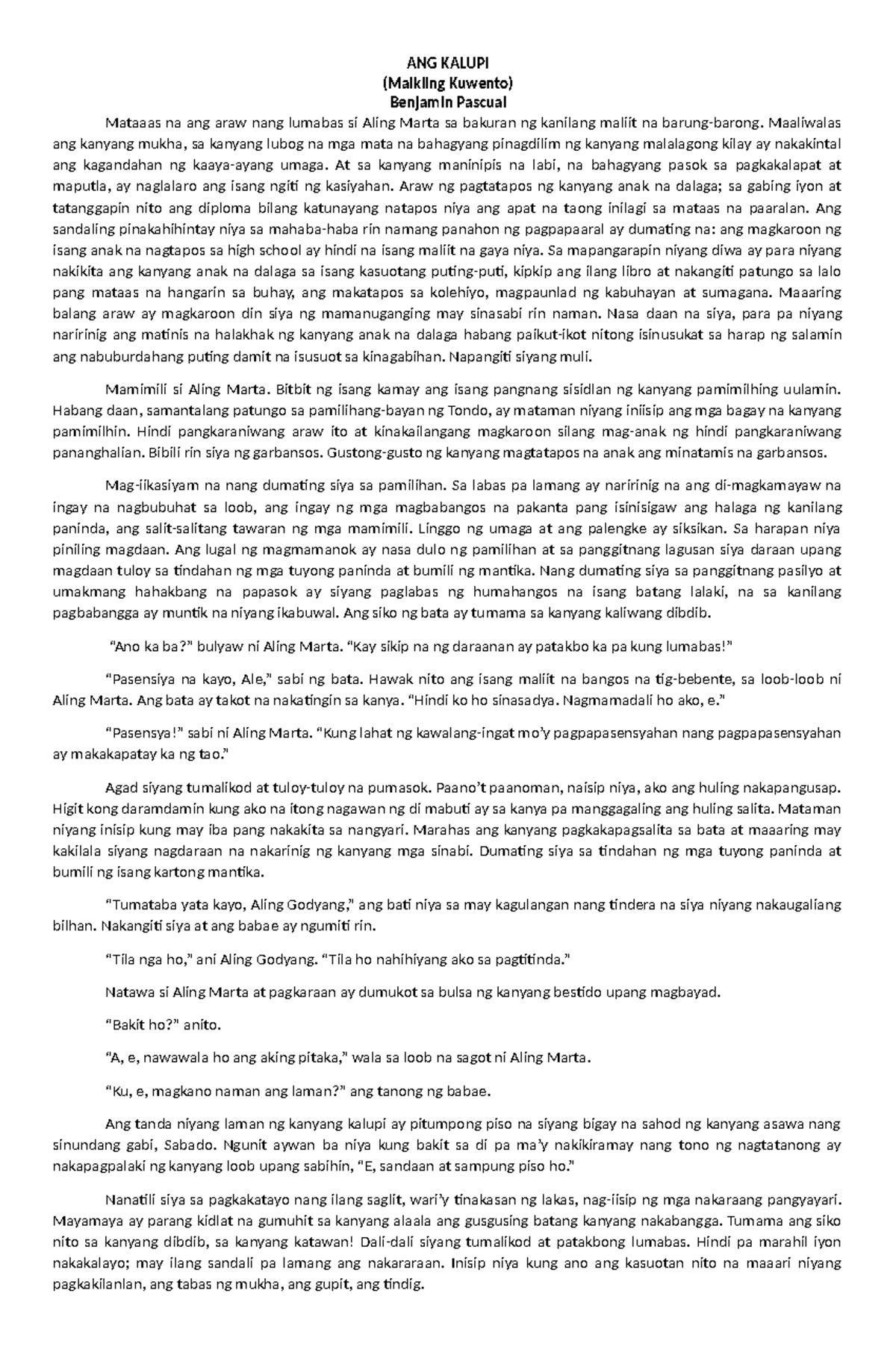 ANG- Kalupi - ANG KALUPI (Maikling Kuwento) Benjamin Pascual Mataaas na ...