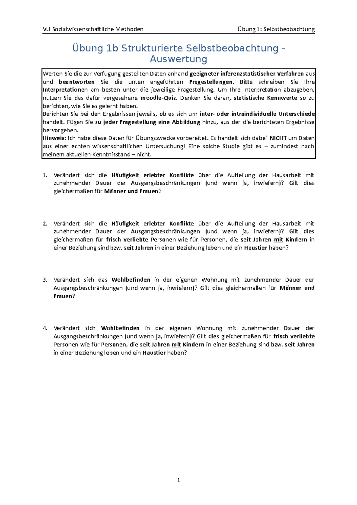 3b Auswertung Selbstbeobachtung - VU Sozialwissenschaftliche Methoden Übung 1: Selbstbeobachtung ...