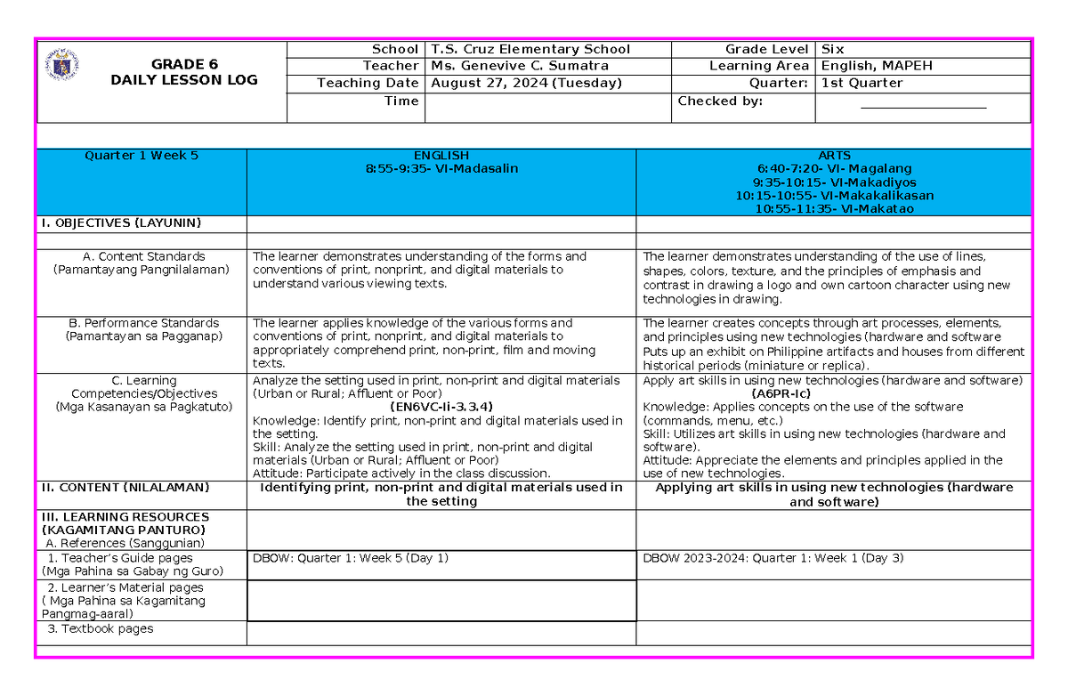 DLL Quarter 1- WEEK 5 - dll - GRADE 6 DAILY LESSON LOG School T. Cruz ...