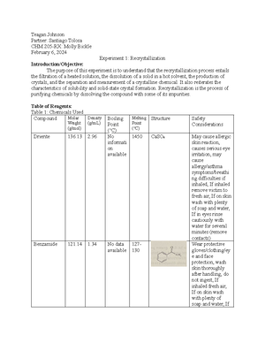 Experiment 2 Report - Teagan Johnson Partner: Santiago Tolosa CHM 205 ...