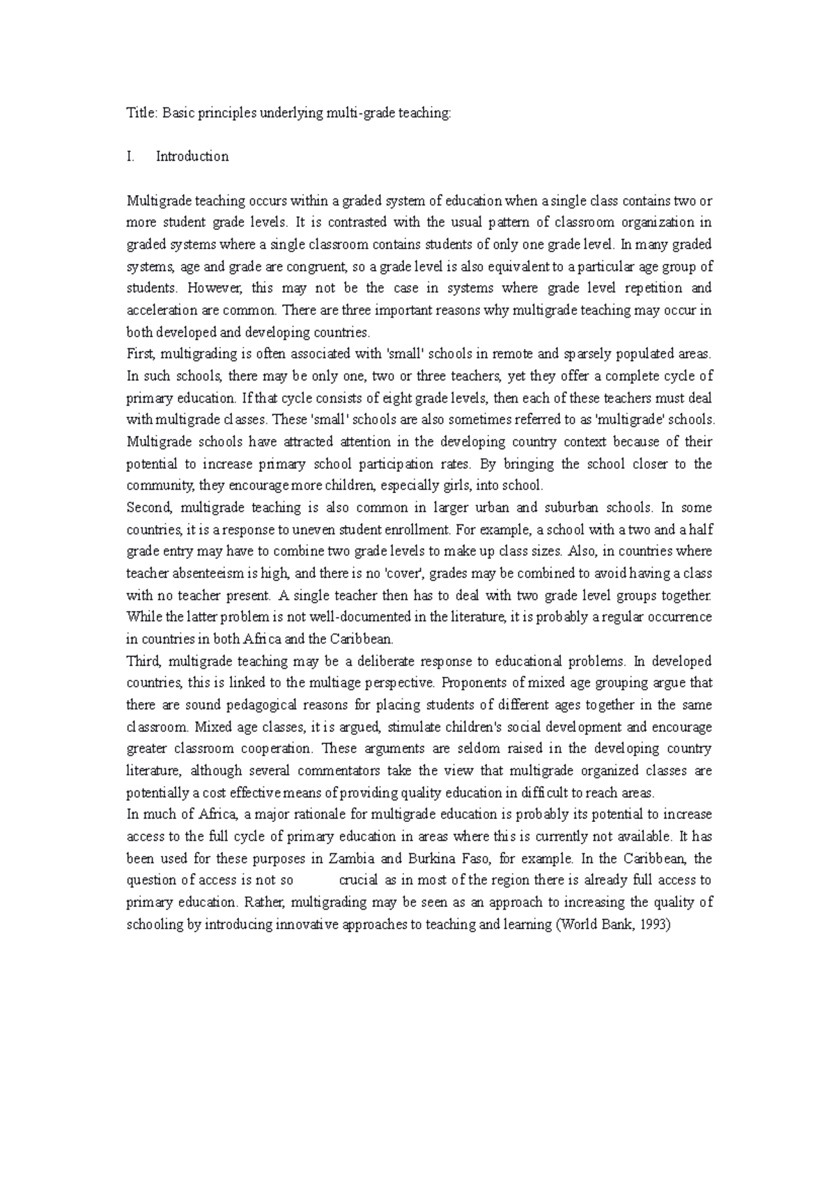 Term paper 4 - Title: Basic principles underlying multi-grade teaching: I. Introduction ...