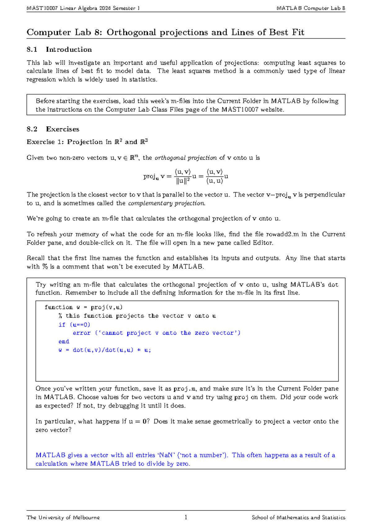 Lab08 S1 2024 Solutions - Computer Lab 8: Orthogonal projections and Lines of Best Fit 8 - Studocu