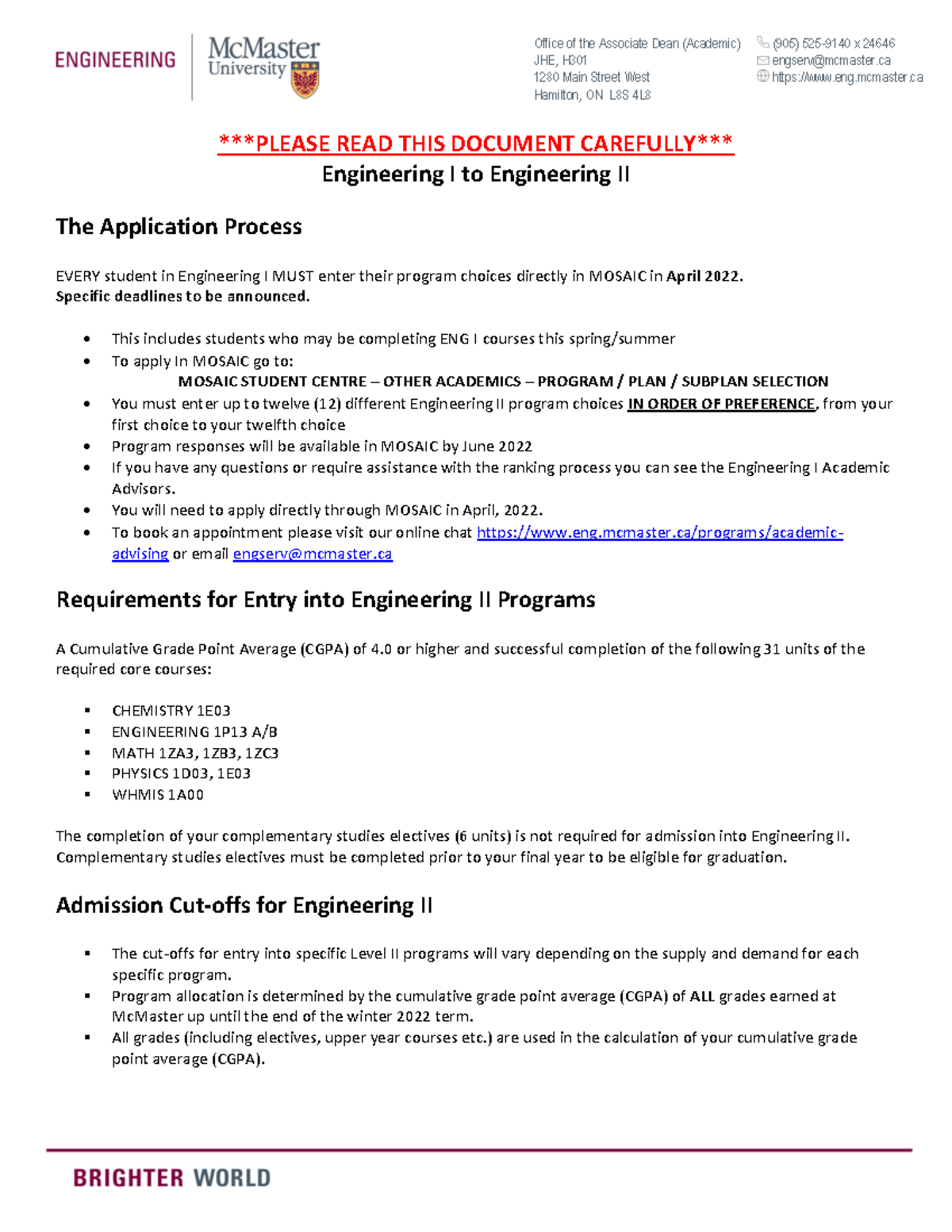 Eng I to Eng 2 Process for Sept 2022 - Engineer 1D04 - McMaster - Studocu