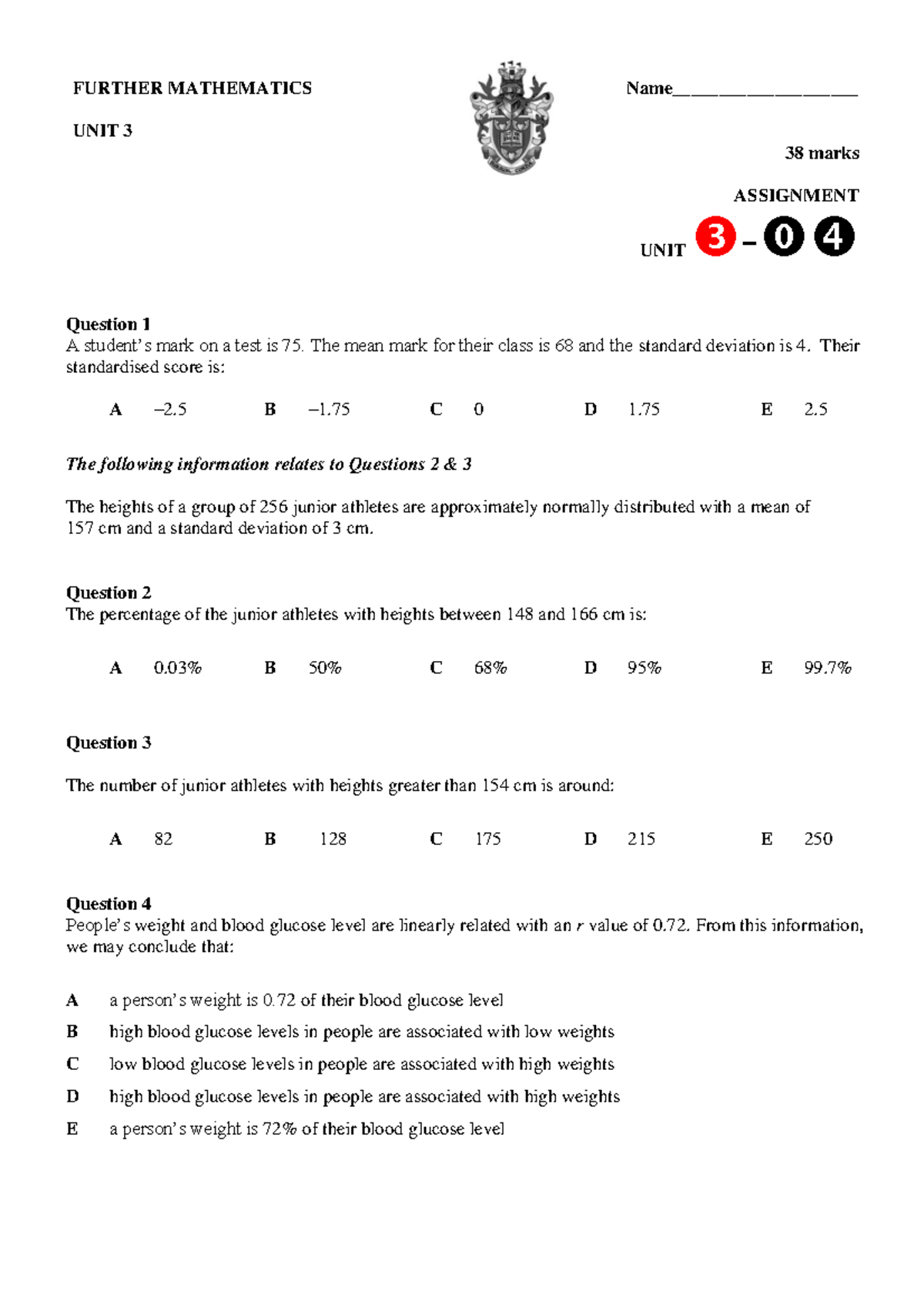FM3AS04 - Practice SAC - FURTHER MATHEMATICS UNIT 3 Nam UNITe ...