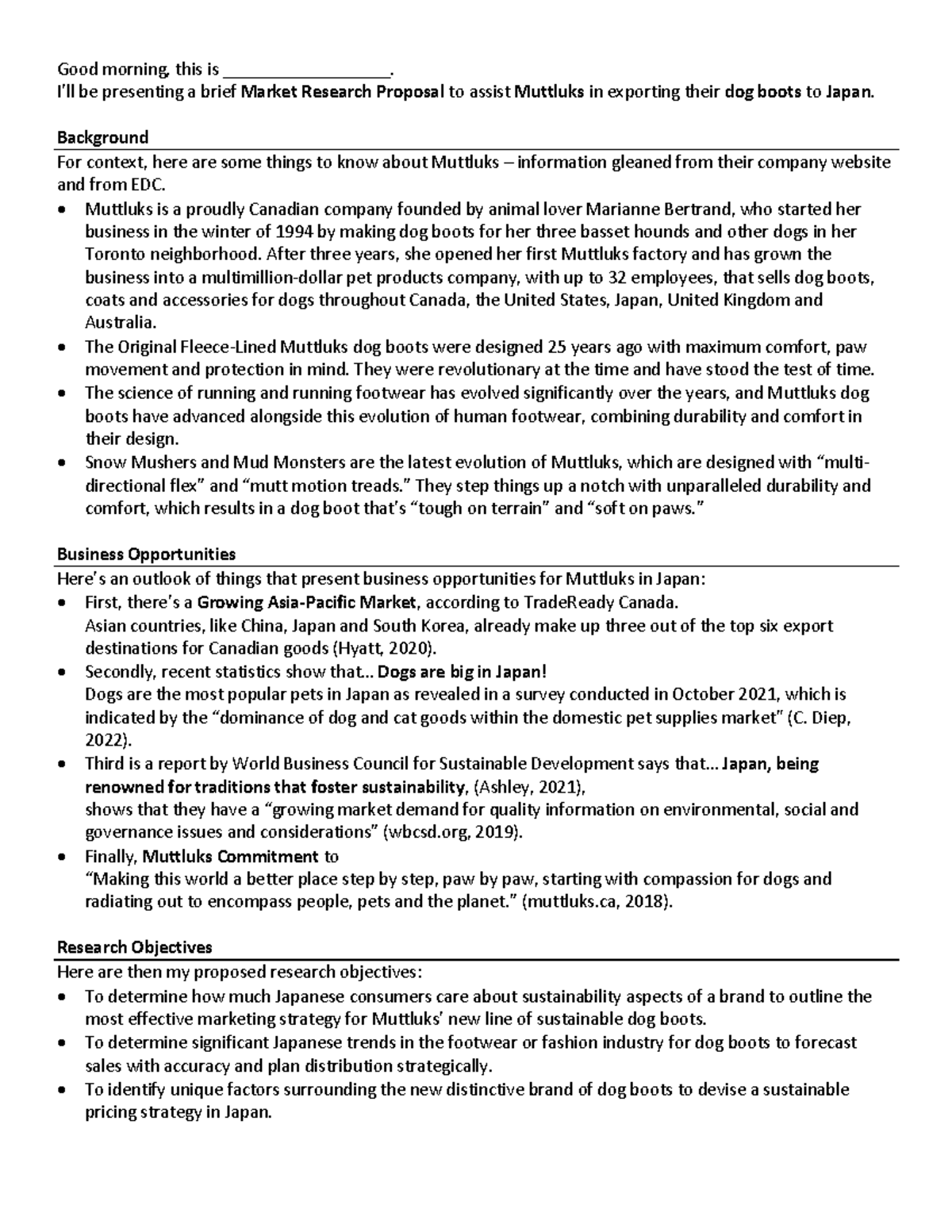 INTL 725 Market Research Proposal Script - Good morning, this is ...