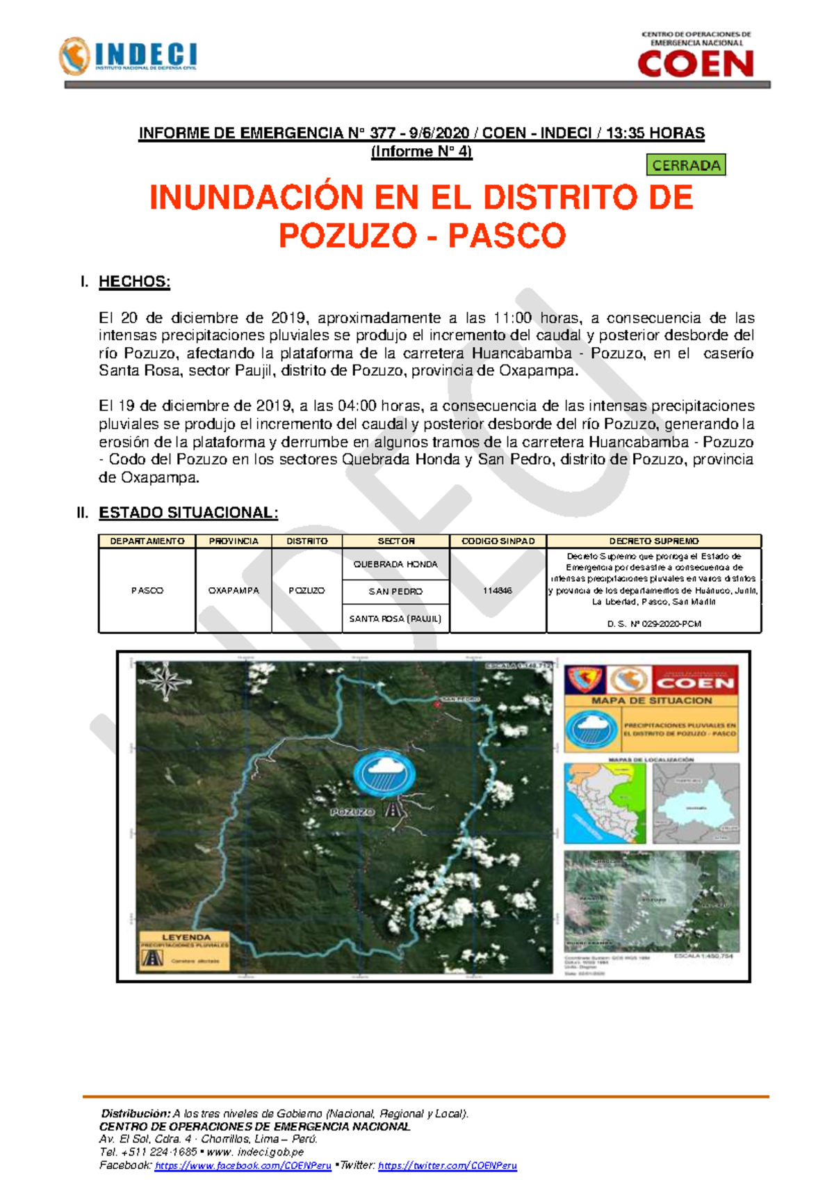 Informe DE Emergemcia Nº 377 9JUN2020 Inundación EN EL Distrito DE Pozuzo Pasco 4 - Distribución ...