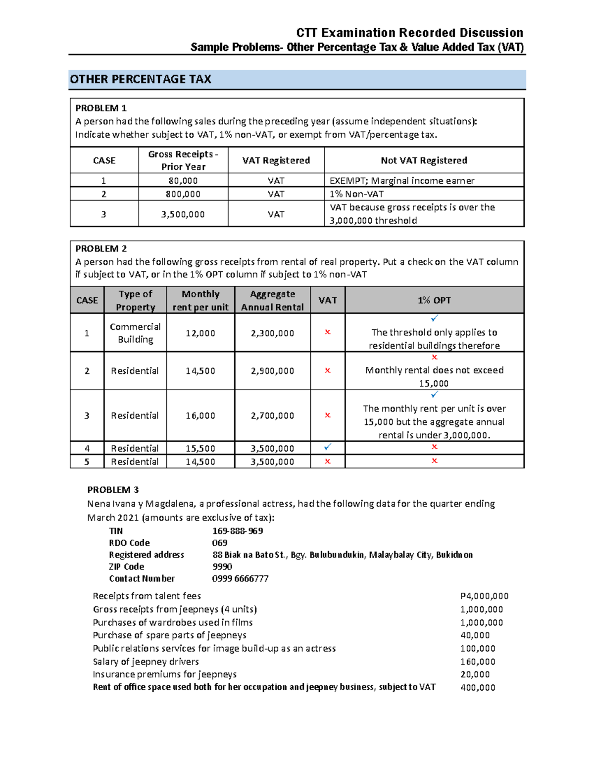Other Percentage Tax & Value Added Tax (Sample Problems)- CTT Exam ...