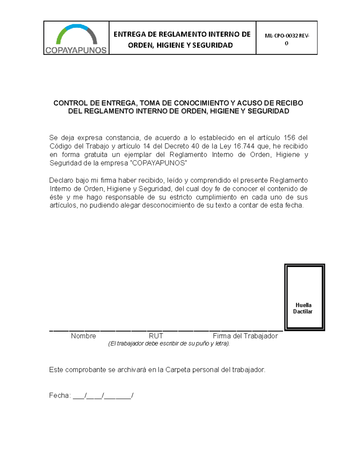 Entrega de Reglamento Interno - ENTREGA DE REGLAMENTO INTERNO DE ORDEN, HIGIENE Y SEGURIDAD ...