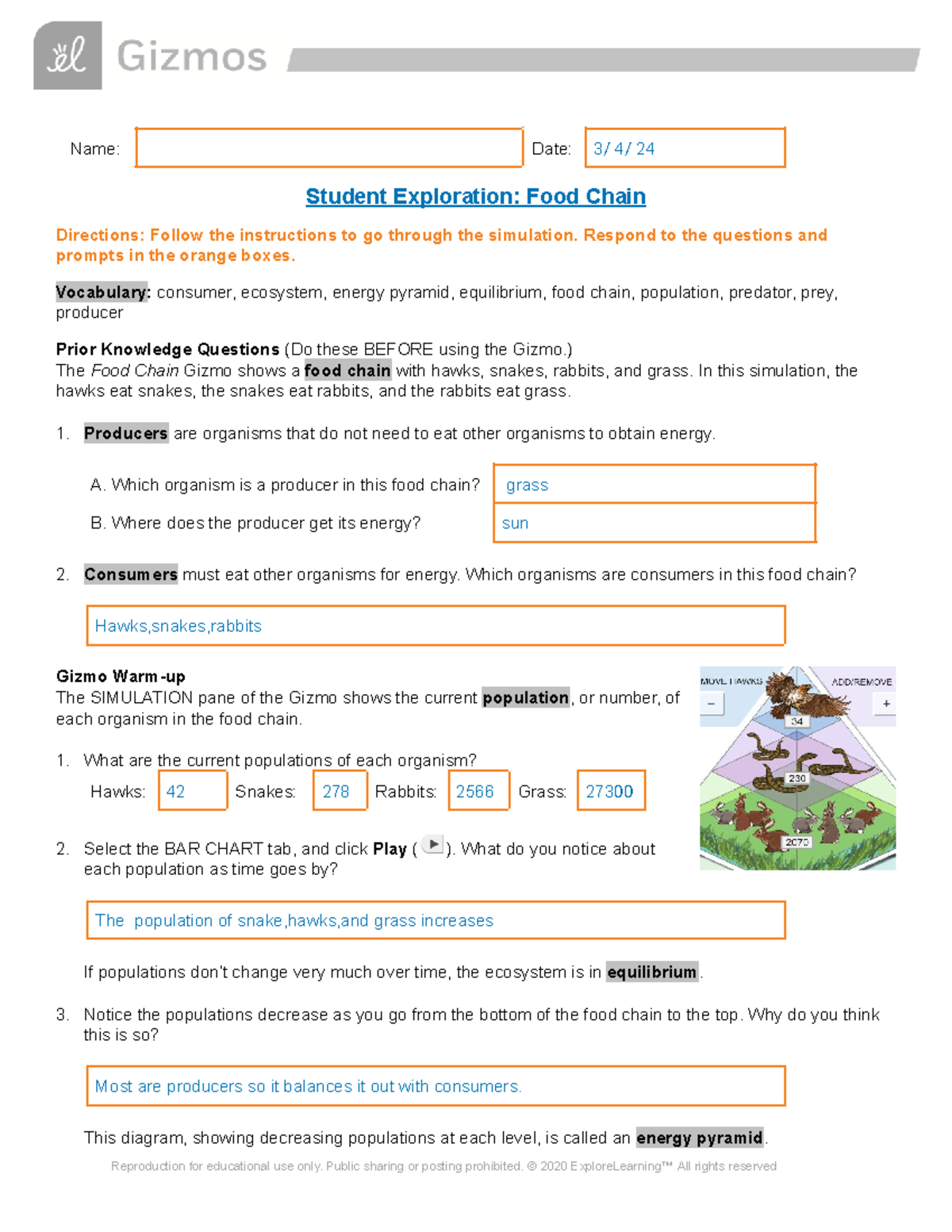 Copy of Food Chain SE - gizmo - Name: Date: 3 / 4 / 24 Student ...