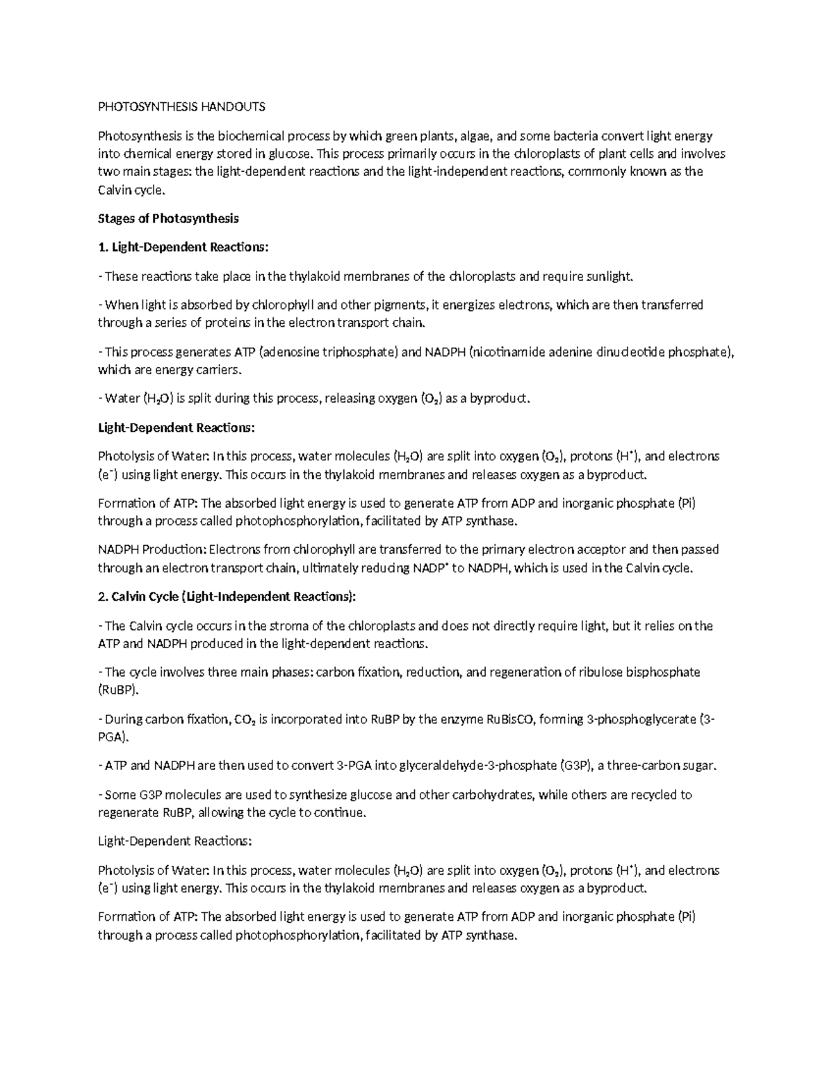 Photosynthesis- Handouts - PHOTOSYNTHESIS HANDOUTS Photosynthesis is ...