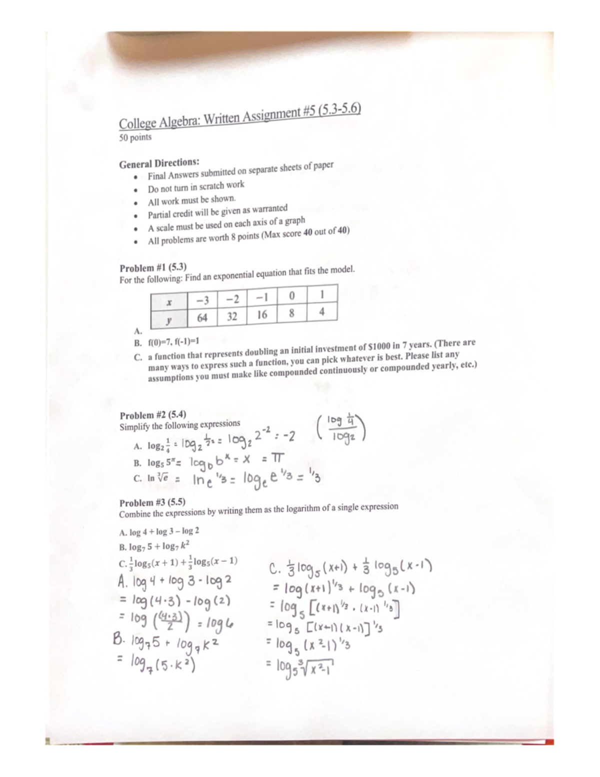 College Algebra Written Assignment #5 (5.3-5.6) 2 - MATH1021 - Studocu