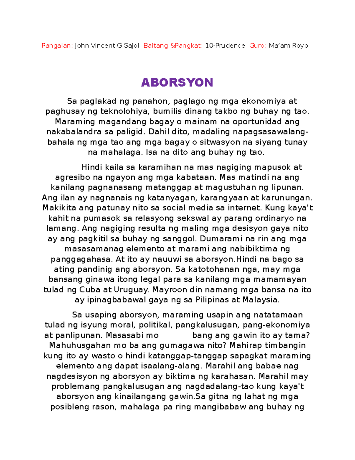 Aborsyon - SAFSDADSAD - Pangalan: John Vincent G Baitang &Pangkat: 10 ...