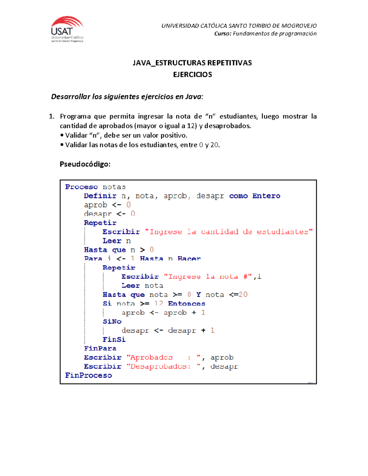 Java Estructuras Repetitivas Ejerciccios - UNIVERSIDAD CATÓLICA SANTO ...