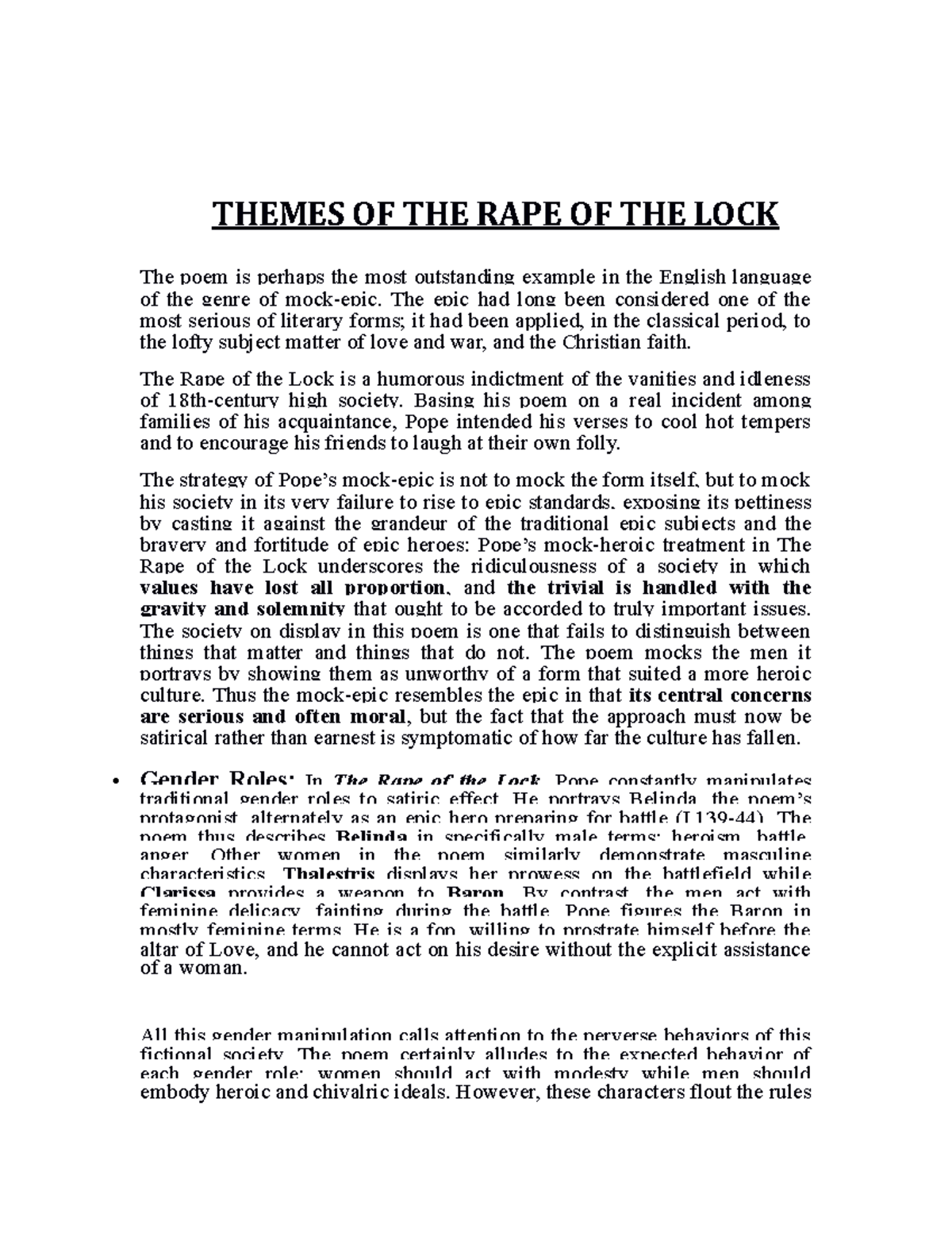Majors themes in The Rape of the Lock Alexander Pope - THEMES OF THE ...