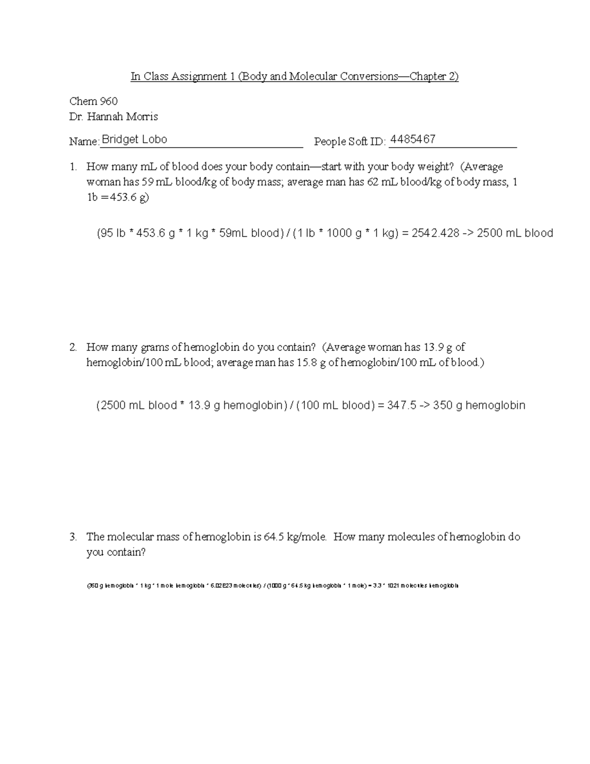 1- conversions - Practice on stoichiometry - In Class Assignment 1 ...