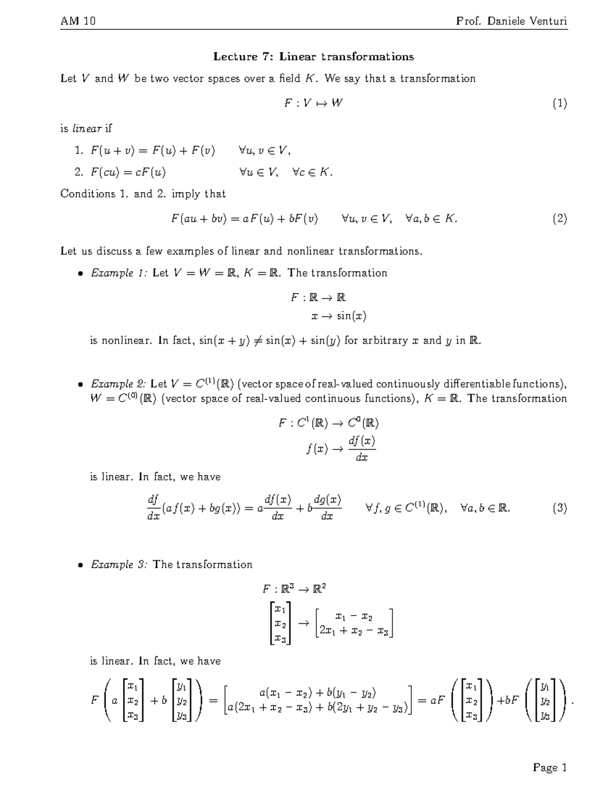 Lecture 7 Linear Transformations Lecture 7 Linear Transformations Let V And W Be Two Vector