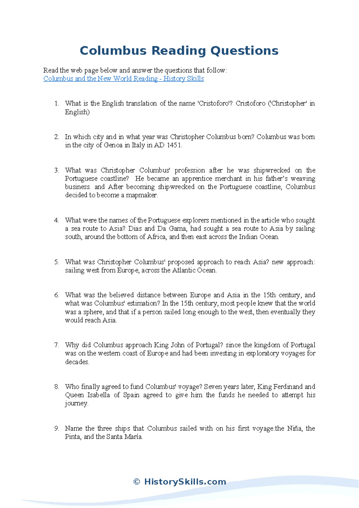 Christopher Columbus Reading - Columbus Reading Questions Read the web ...