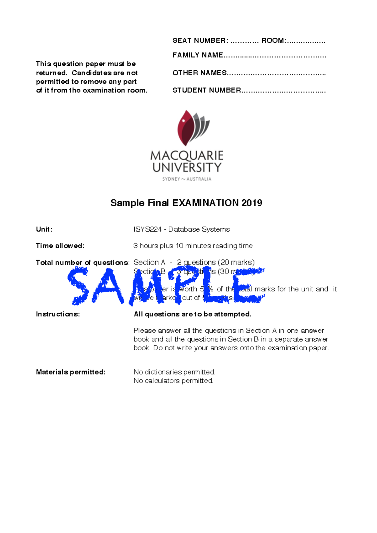 Sample exam 2019 - assignment - ####### SEAT NUMBER: ............ ROOM