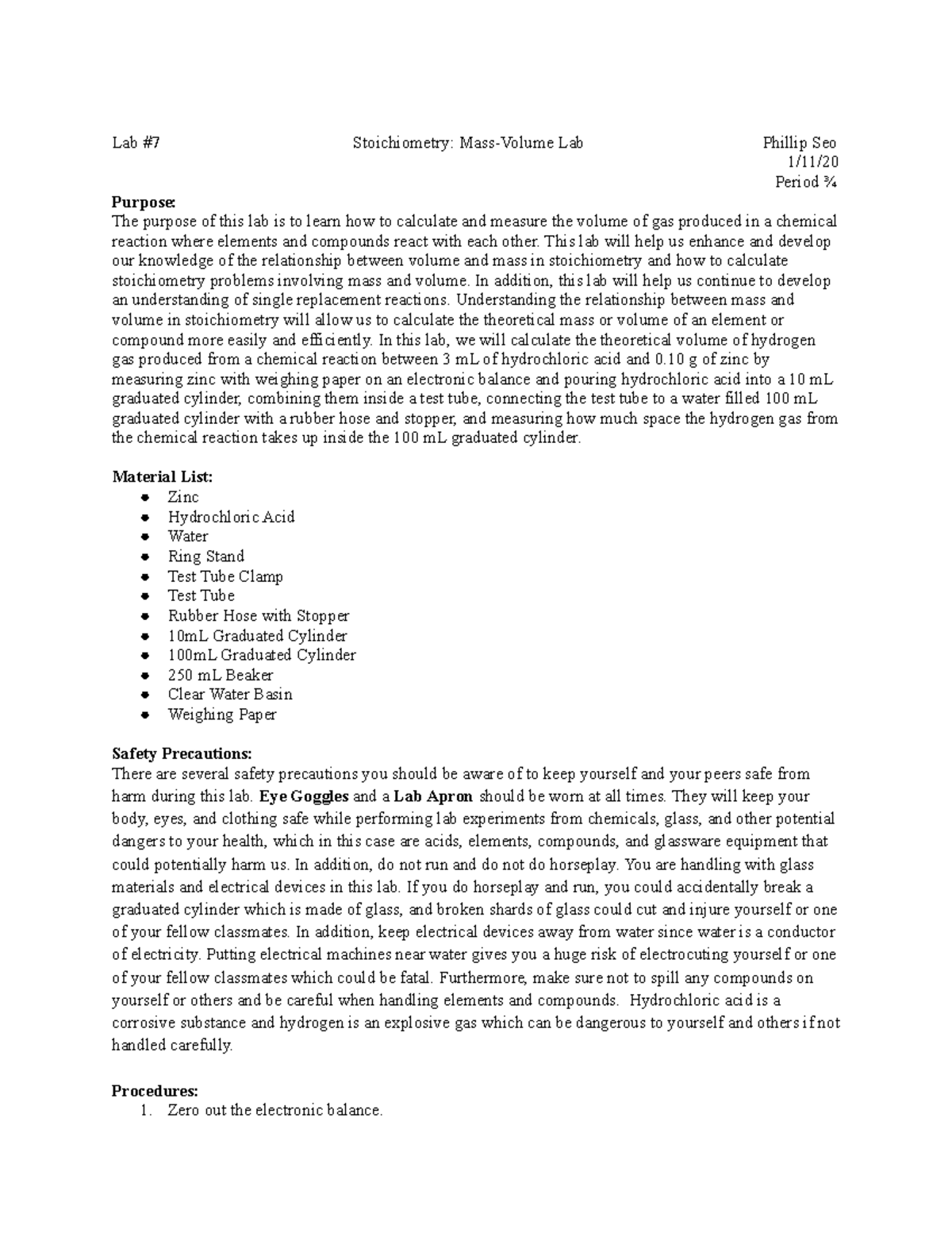 Stoichiometry Mass-Volume Lab Report - Lab #7 Stoichiometry: Mass ...