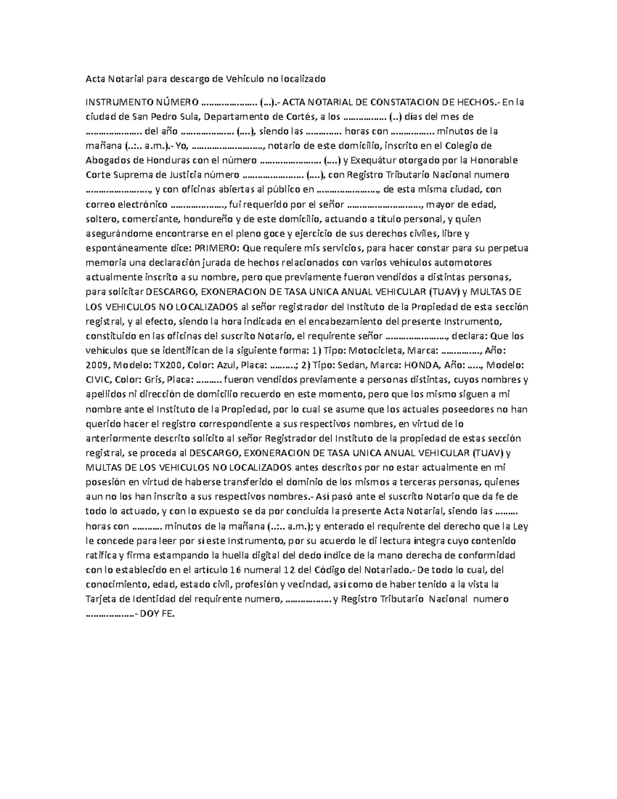 Acta descargo de vehiculo vendido a otras personas - Acta Notarial para ...