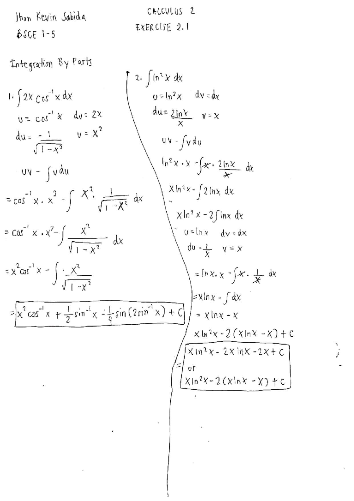 Calculus 2 Practice Problems - CALCULUS 2 EXERCISE 2 Jhon Kevin Sabida ...