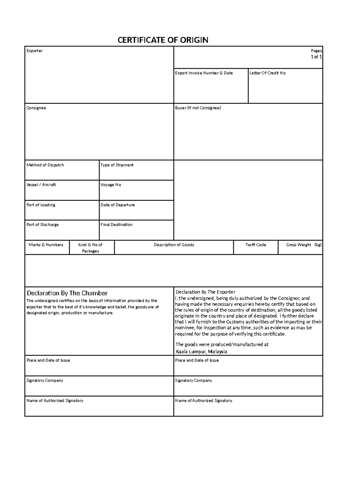 Certificate of Origin - CERTIFICATE OF ORIGIN Exporter Pages 1 of 1 ...