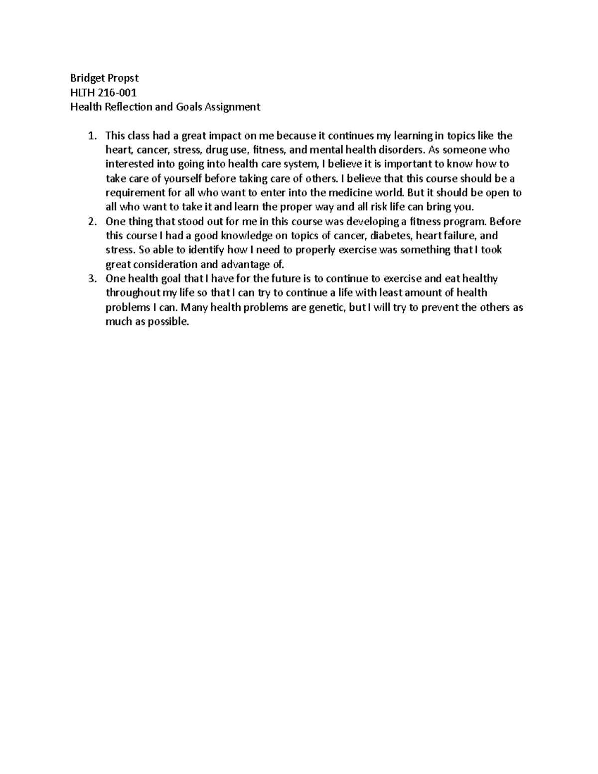 HLTH 216 - Health Reflection - Bridget Propst HLTH 216- Health ...