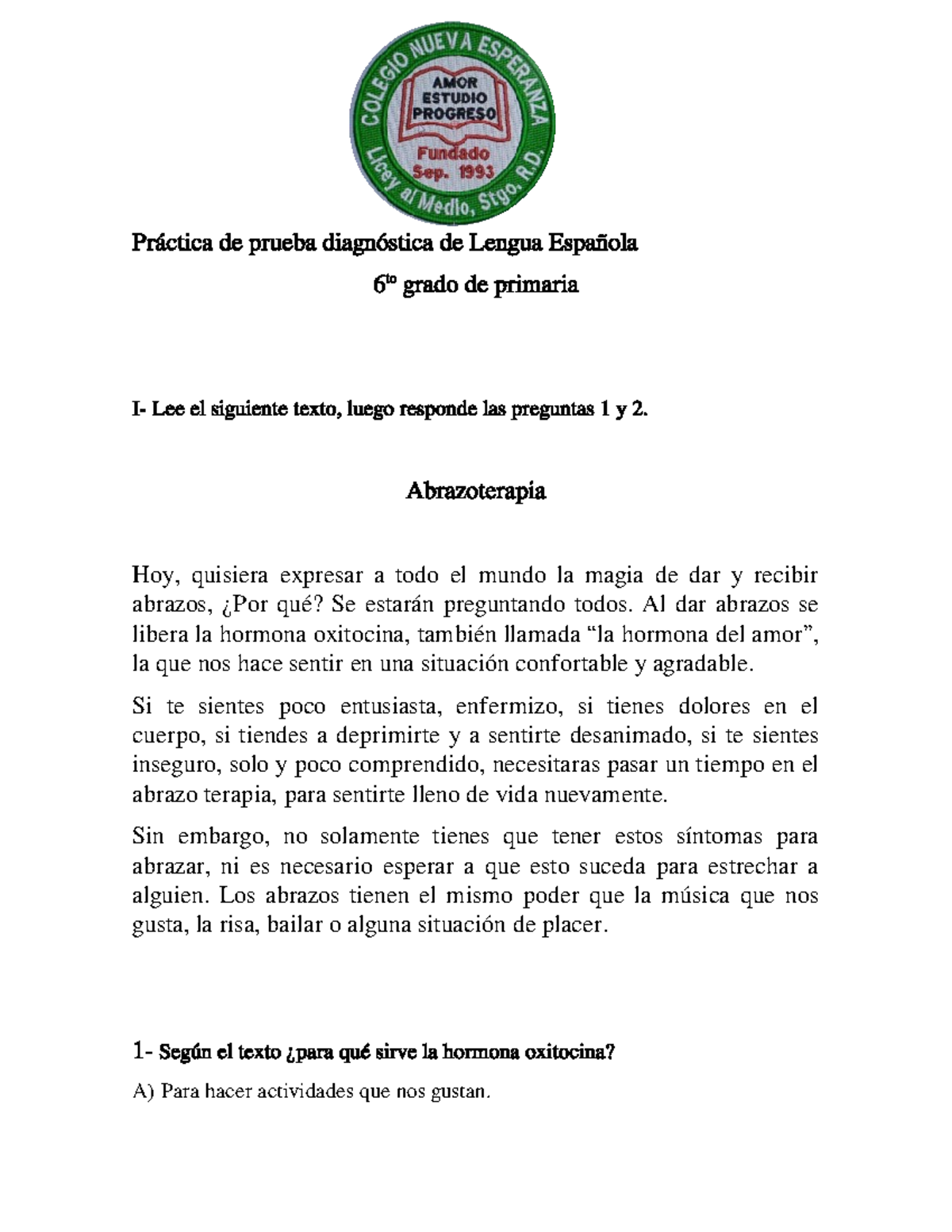 Práctica de prueba diagnóstica de Lengua Española - Práctica de prueba ...