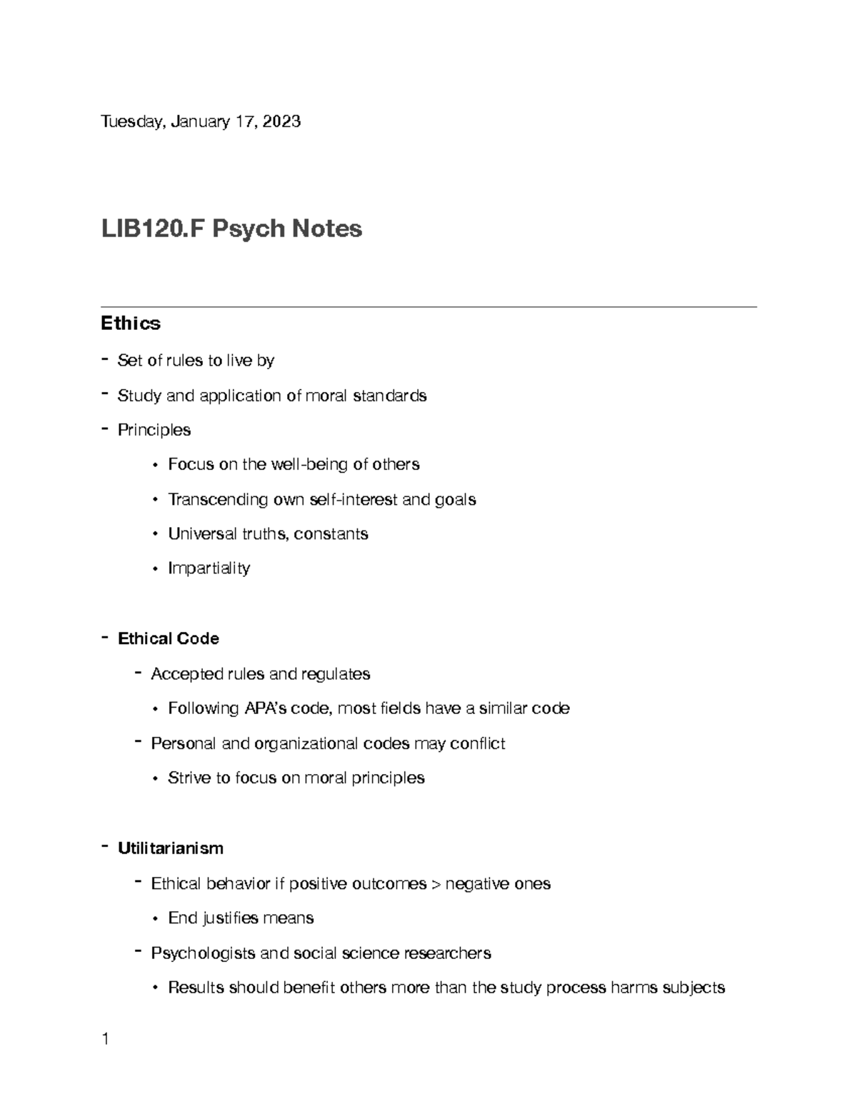 Ethics of Psych - Tuesday, January 17, 2023 LIB120 Psych Notes Ethics ...