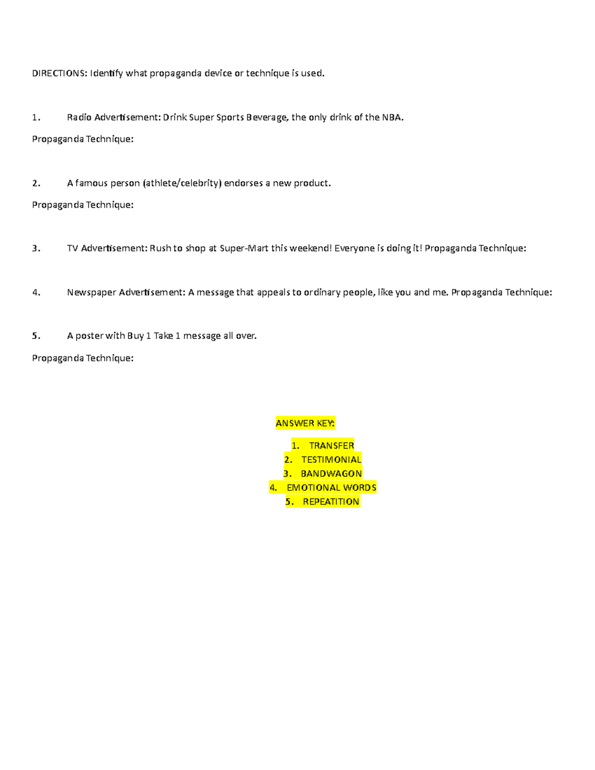 English Module 2 - Activities - DIRECTIONS: Identify what propaganda ...