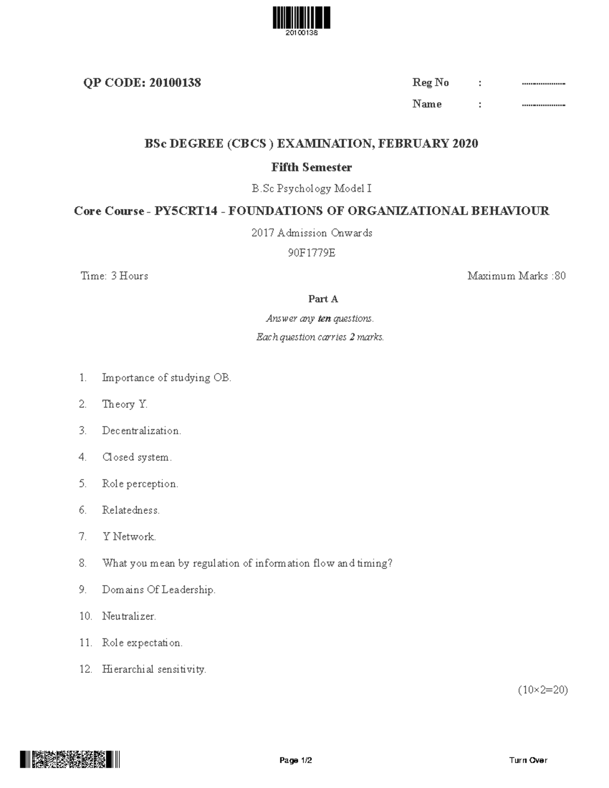 S5 qp psychology 2020 - Question paper - QP CODE: 20100138 Reg No : ..................... Name ...