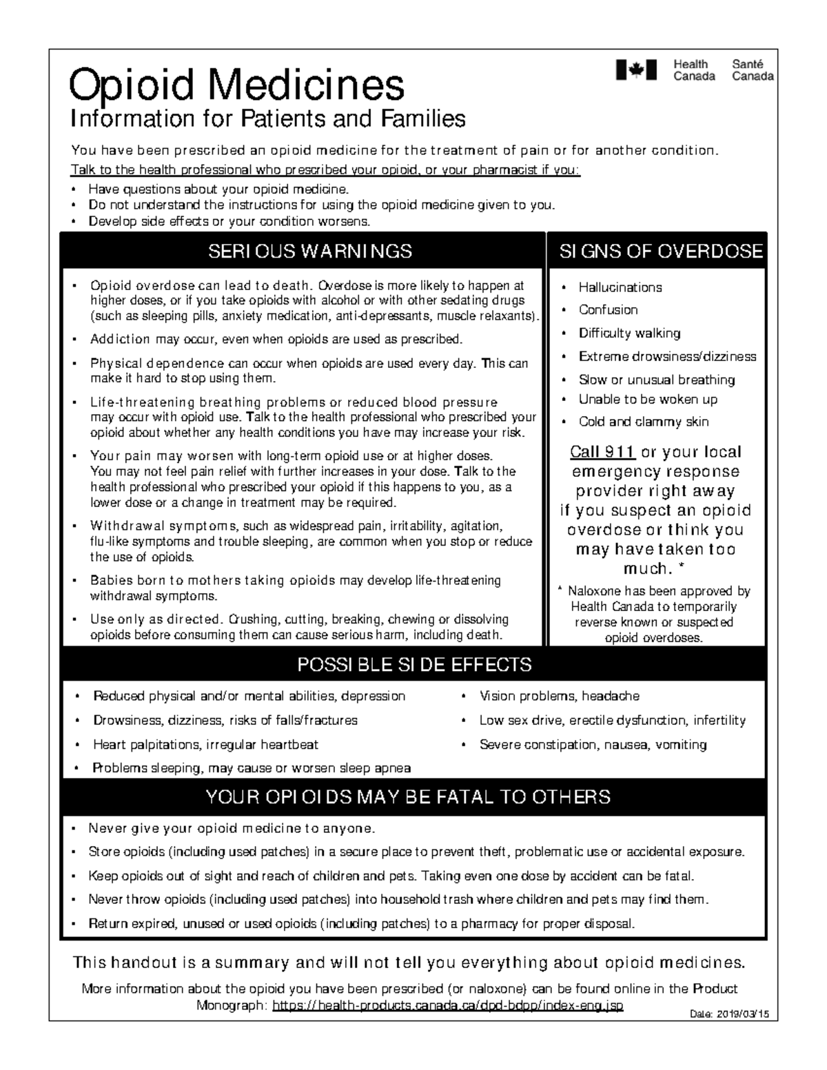 Health Canada - opioid information-handout - Information for Patients and Families Opioid ...