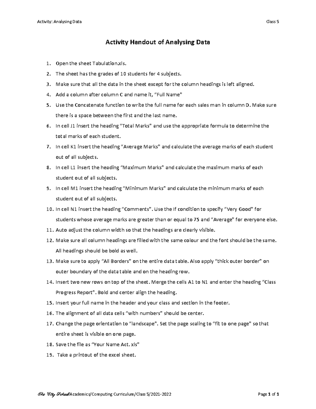 Analyzing Data - Activity Handout - Activity: Analysing Data Class 5 ...