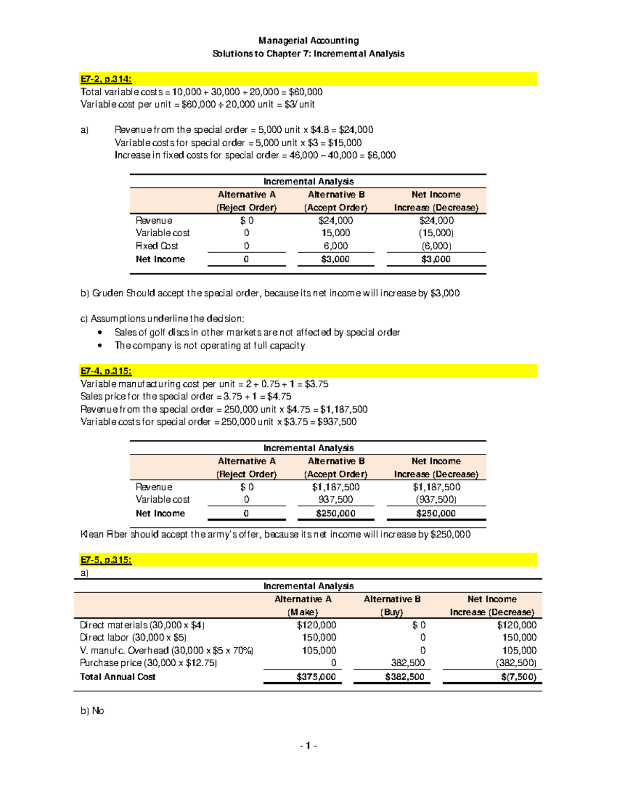 Incremental analysis Ans chapter 7 - Managerial Accounting Solutions to Chapter 7: Incremental ...