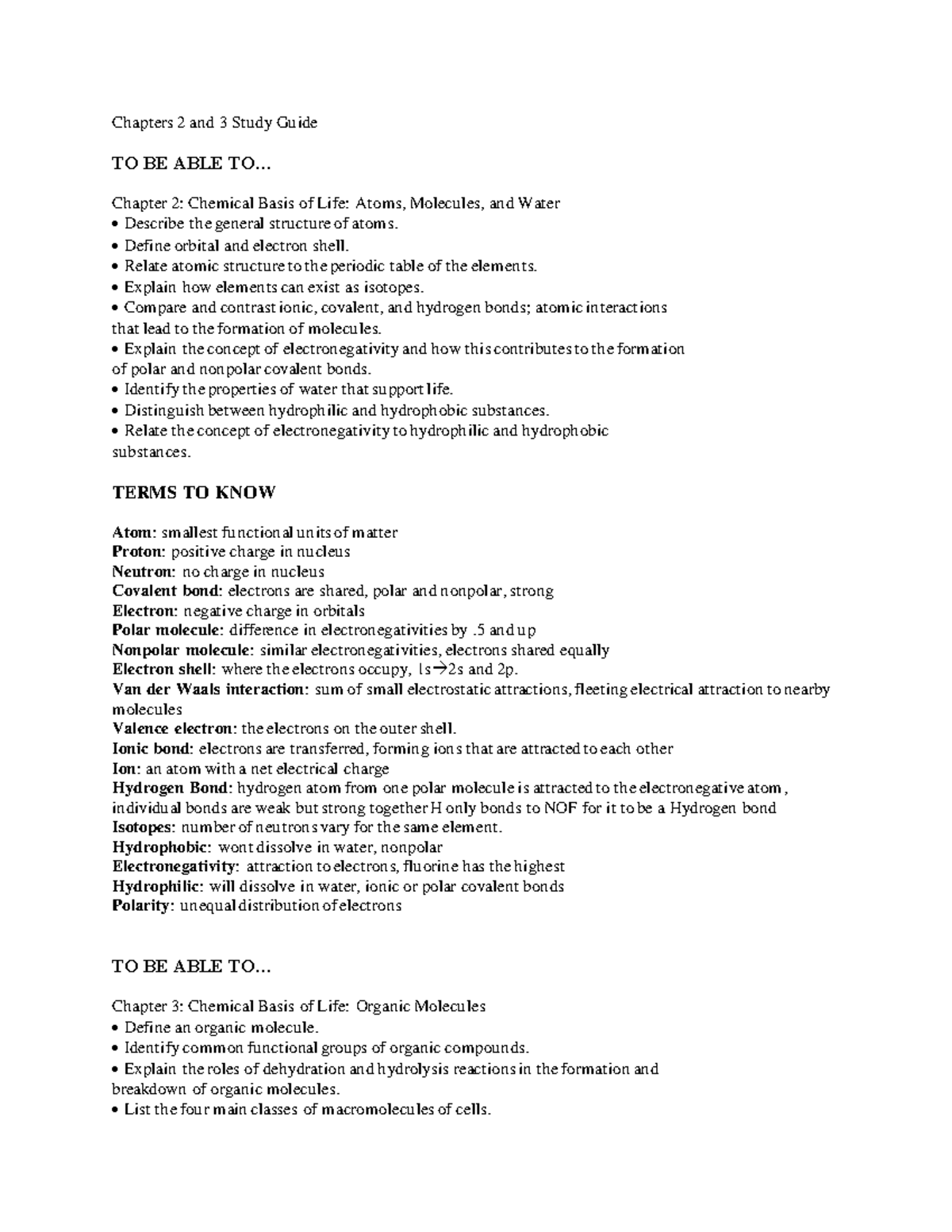 Bio units 2-3 review - Chapters 2 and 3 Study Guide TO BE ABLE TO ...