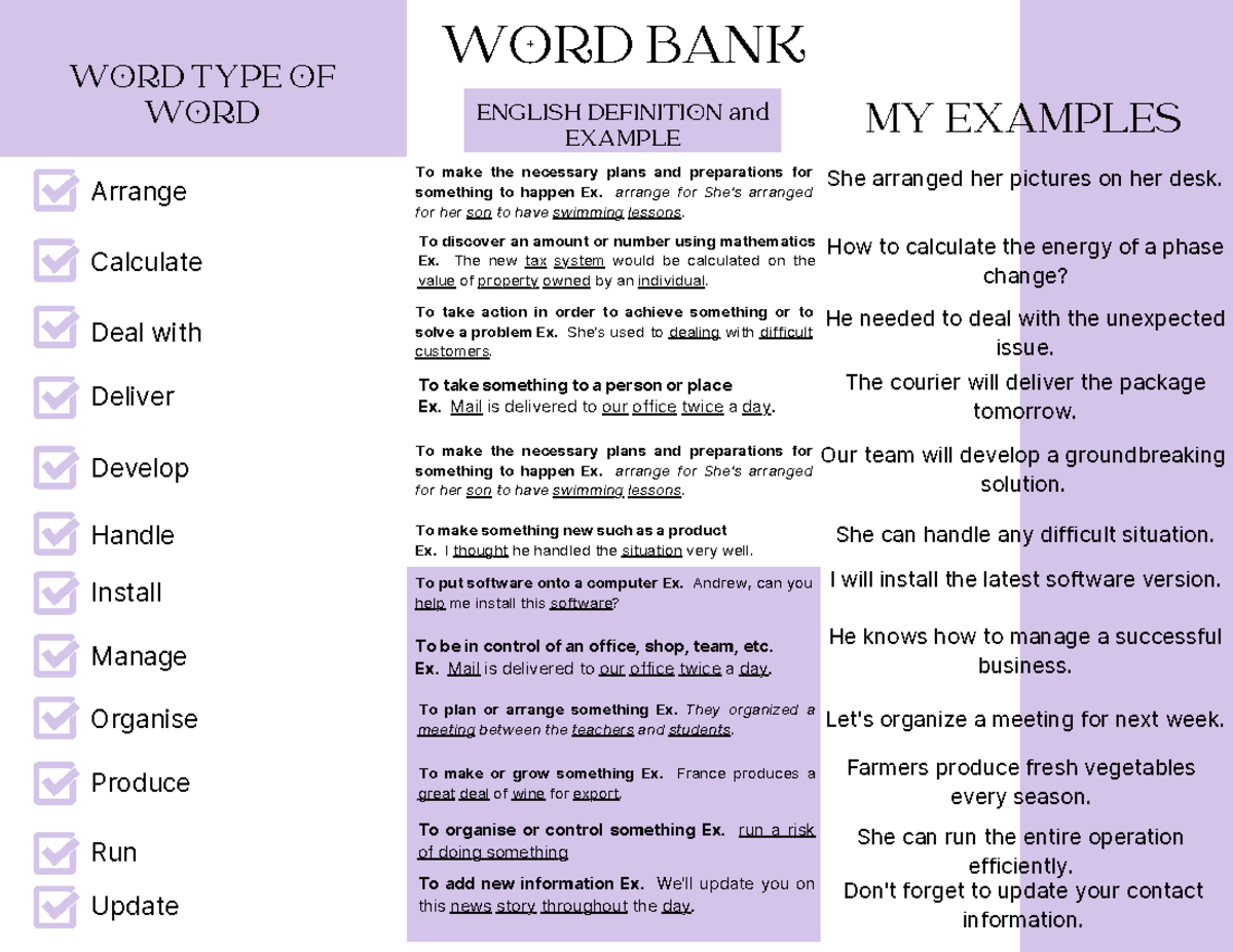 Word Bank of some verbs - ENGLISH DEFINITION and EXAMPLE MY EXAMPLES ...