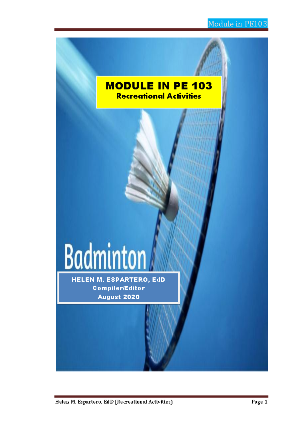 Module-IN-PE-103-pdf - MODULE IN PE 103 Recreational Activities HELEN M. ESPARTERO, EdD - Studocu