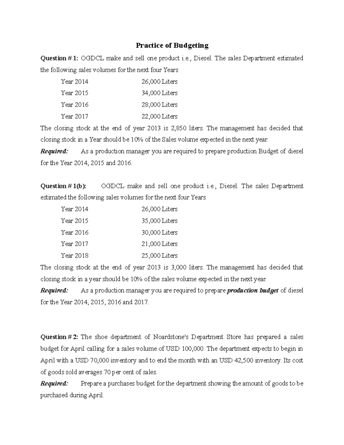 Practice of Budgeting - Practice of Budgeting Question # 1: OGDCL make ...