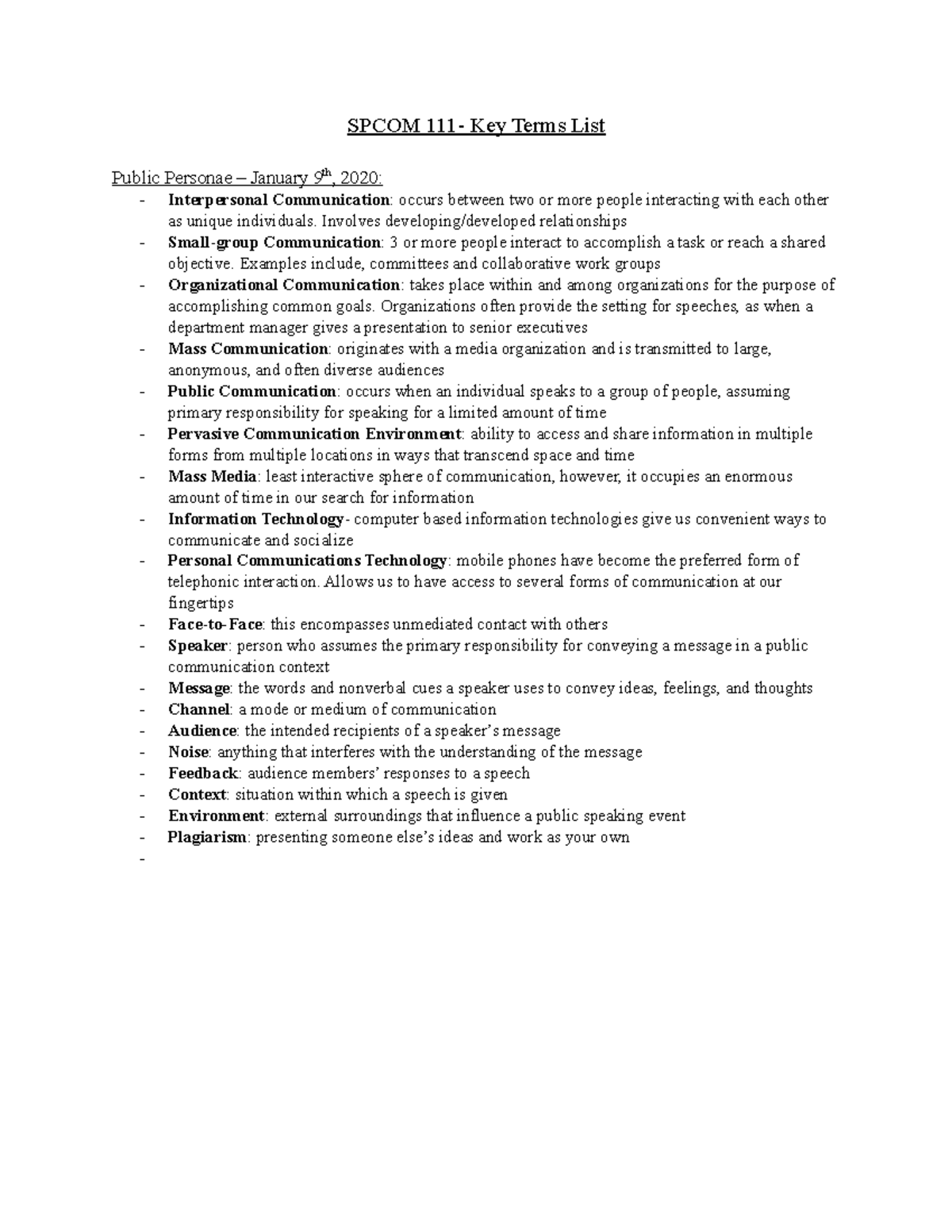 Key Terms and Definitions - SPCOM 111- Key Terms List Public Personae ...