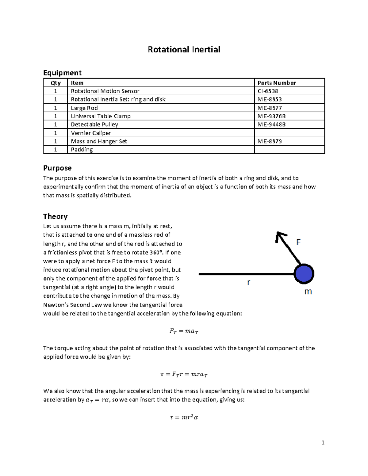 Moment of Inertia - WORK - Rotational Inertial Equipment Qty Item Parts ...