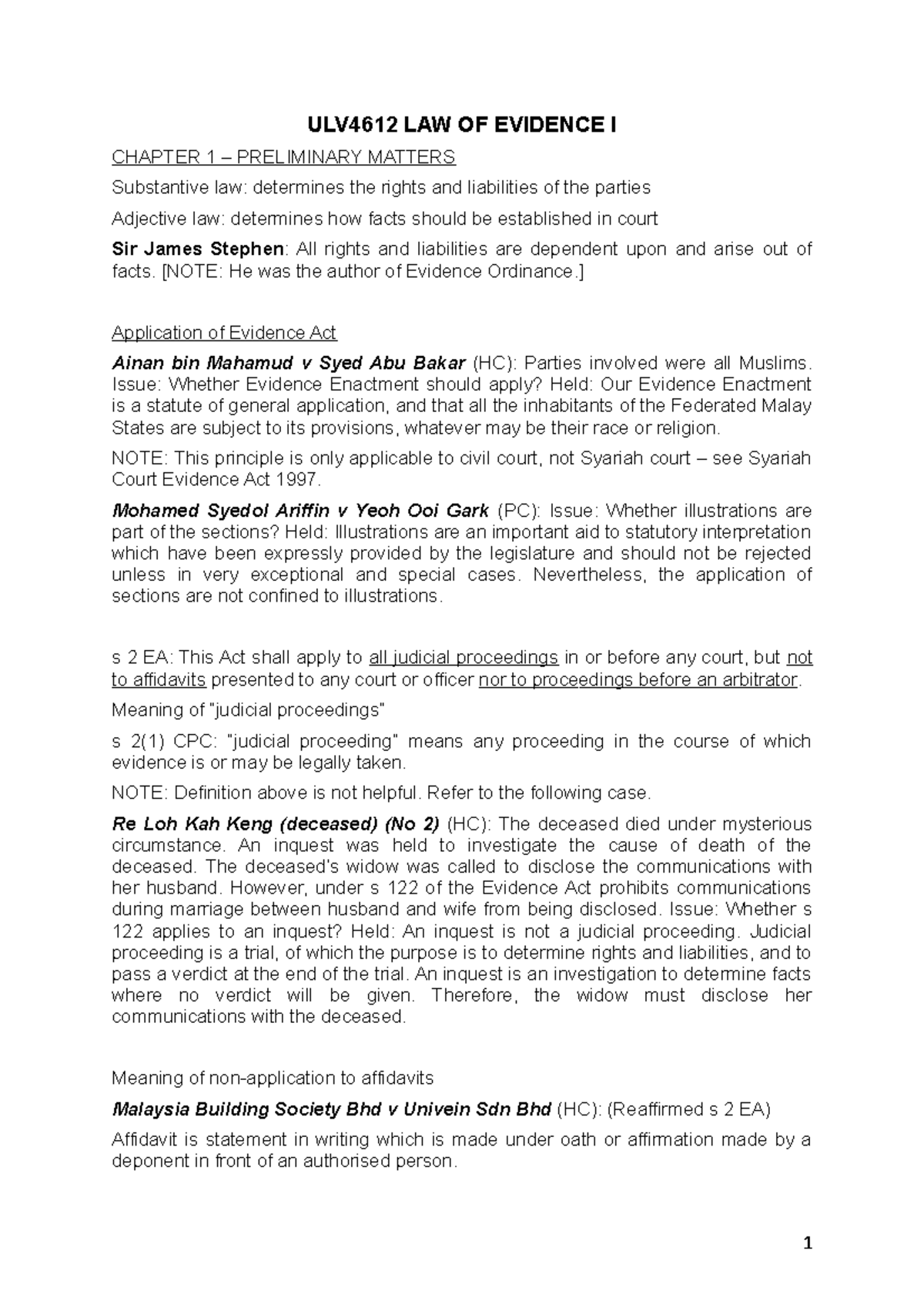 Law of Evidence Chapter 1 Preliminary Matters - ULV4612 LAW OF EVIDENCE ...