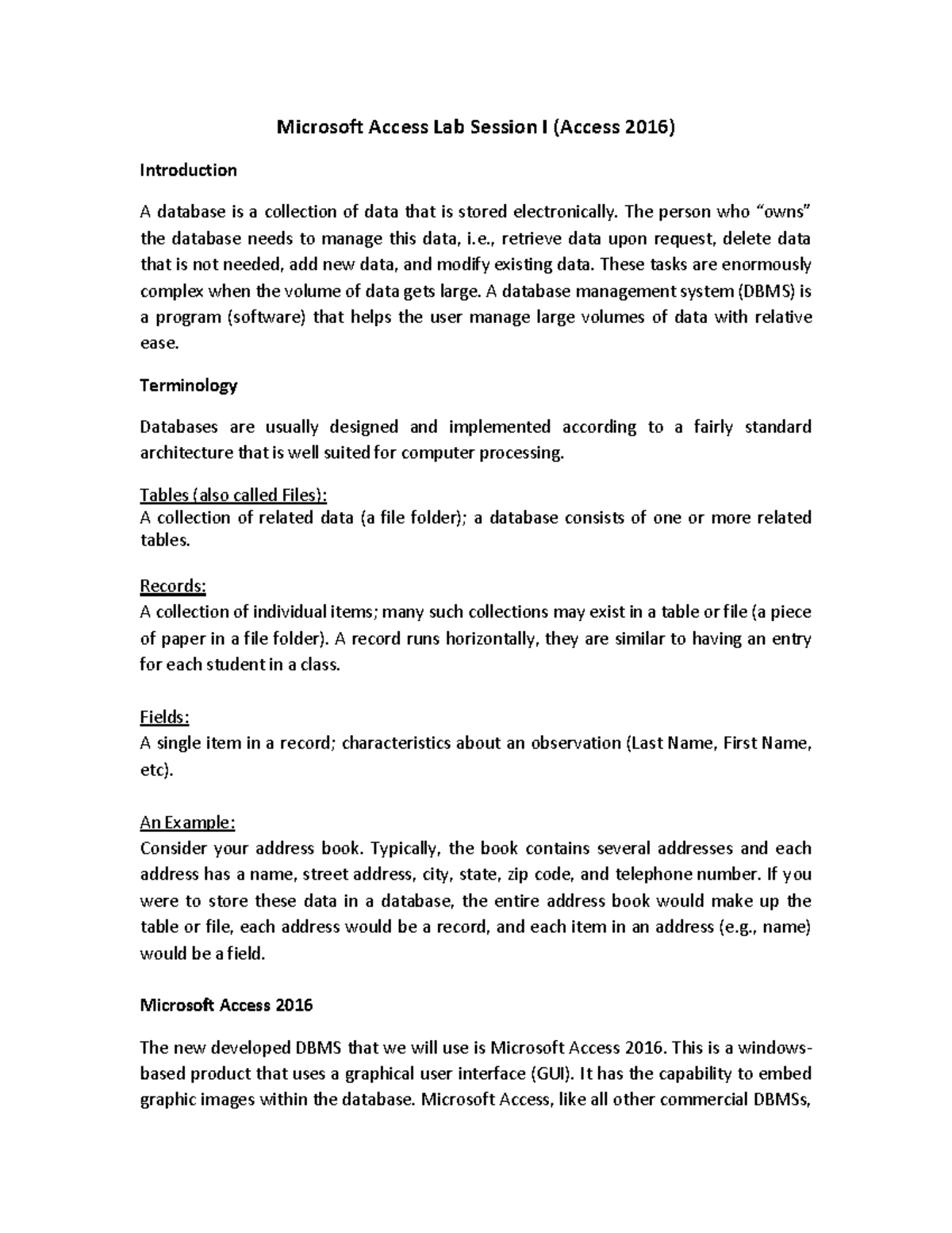 IS223 Microsoft Access 2016 Tutorial 1 - Microsoft Access Lab Session I (Access 2016 ...