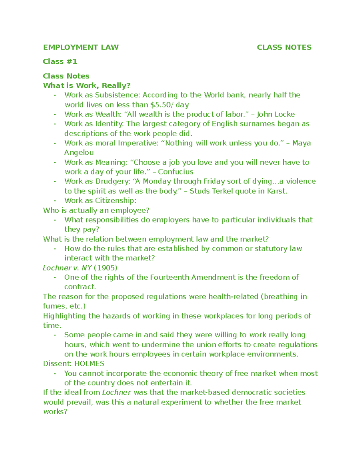 Employment Law Class 1-3 - EMPLOYMENT LAW CLASS NOTES Class # Class ...