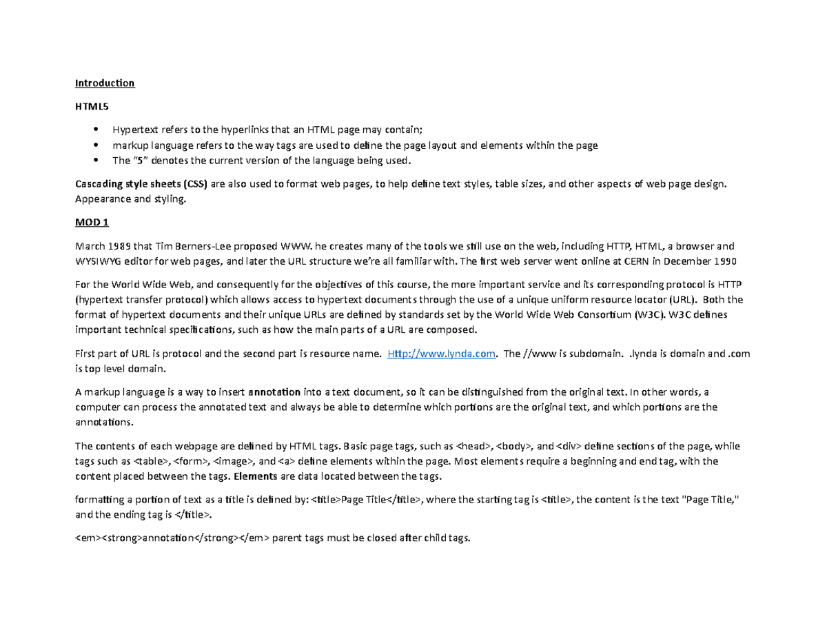 C779 notes - Introduction HTML Hypertext refers to the hyperlinks that ...
